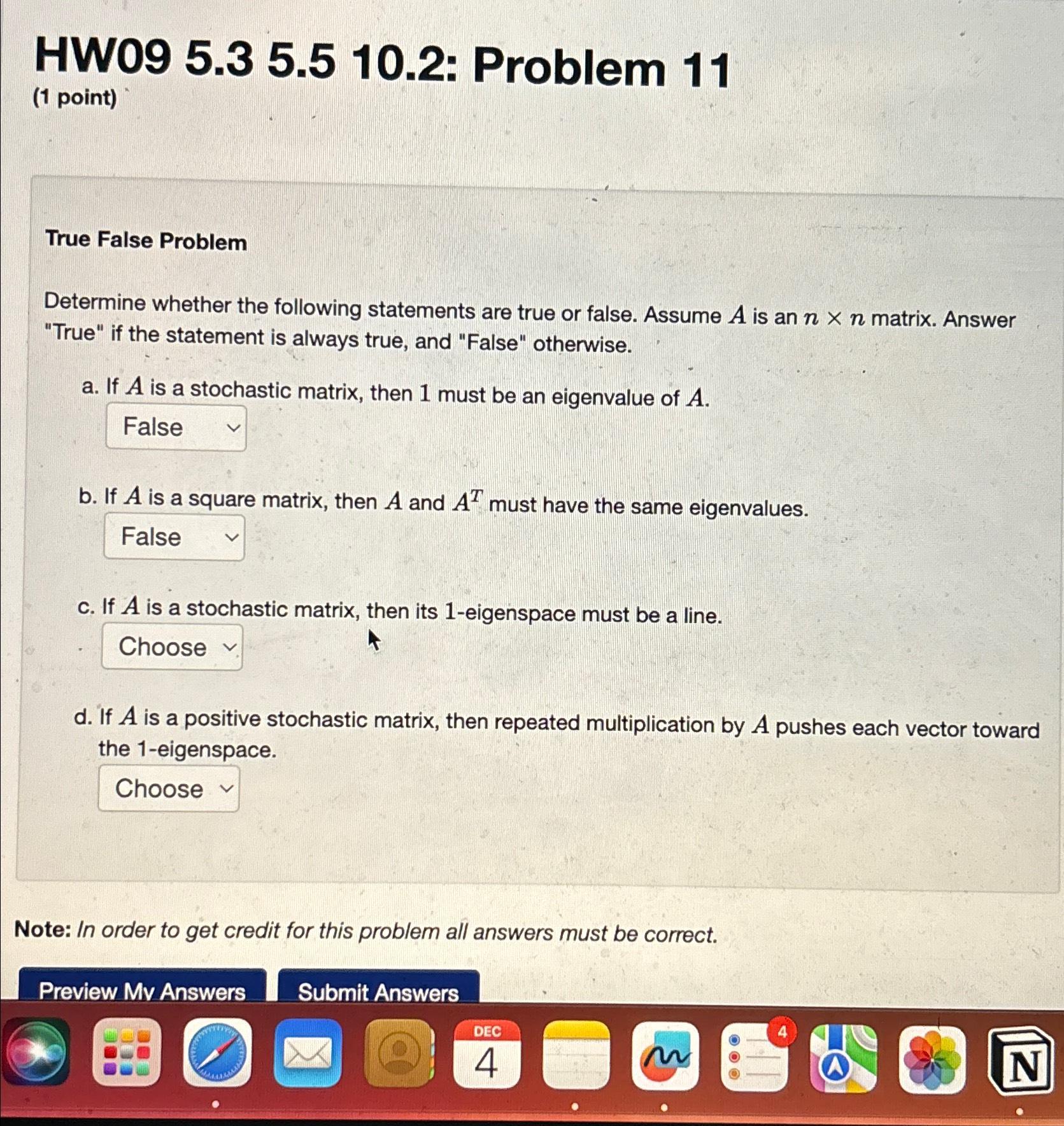 Solved HW09 5.3 5.5 10.2: Problem 11(1 ﻿point)True False | Chegg.com