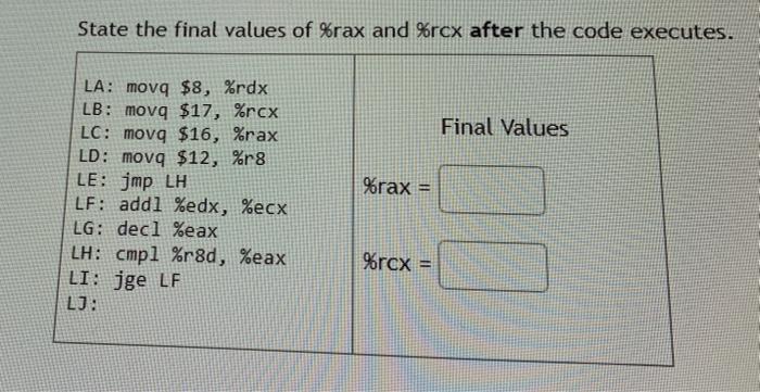 Solved State the final values of %rax and %rcx after the | Chegg.com