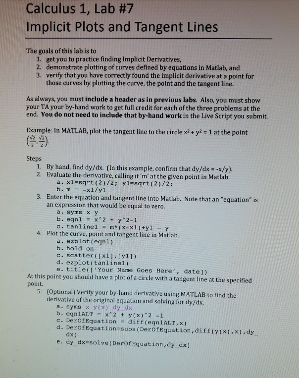Solved Calculus 1, Lab #7 Implicit Plots and Tangent Lines | Chegg.com