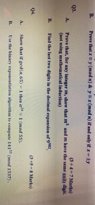 Solved B. Prove that x = y (mod n) & y = x(mod n) if and | Chegg.com