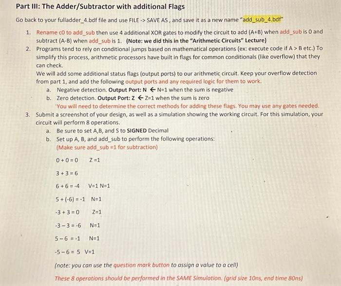Solved Part III: The Adder/Subtractor with additional Flags | Chegg.com
