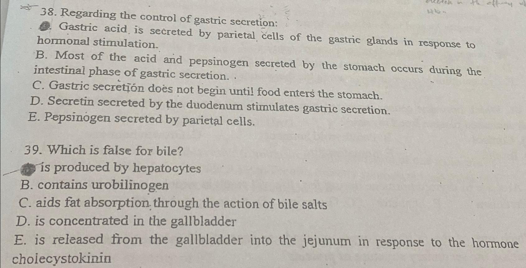 Solved Regarding the control of gastric secretion:A.Gastric | Chegg.com