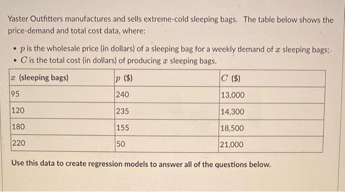 Solved Yaster Outfitters manufactures and sells extreme-cold | Chegg.com
