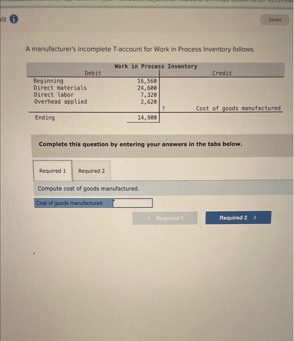 Solved A manufacturer's incomplete T-account for Work in | Chegg.com