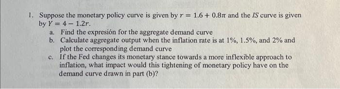 Solved 1. Suppose the monetary policy curve is given by | Chegg.com