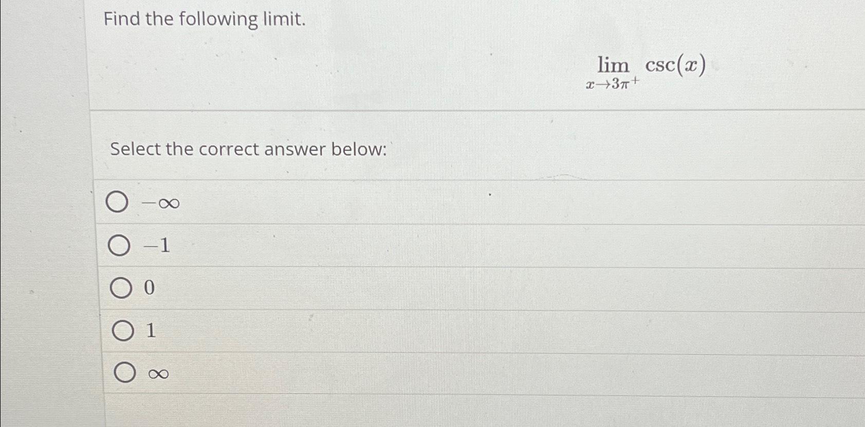 Solved Find the following limit.limx→3π+csc(x)Select the | Chegg.com