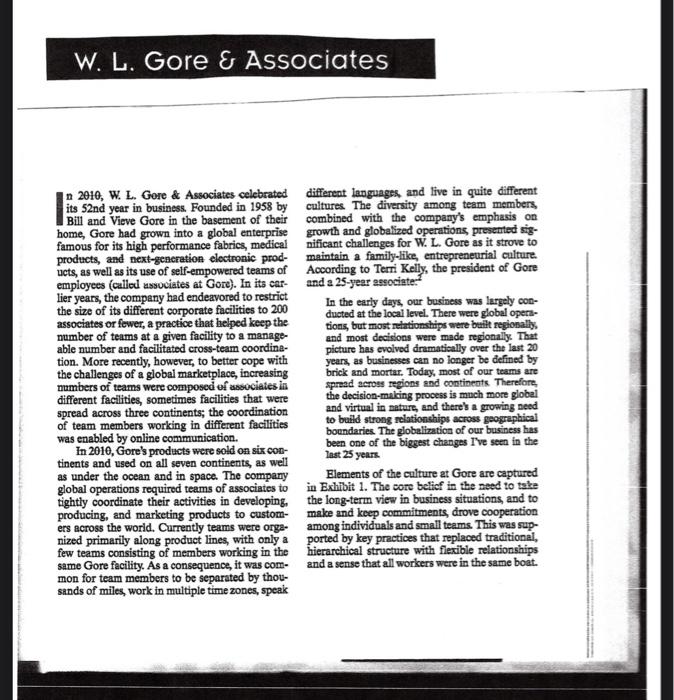 Solved W. L. Gore & Associates 1 2010, W. L. Gore & | Chegg.com