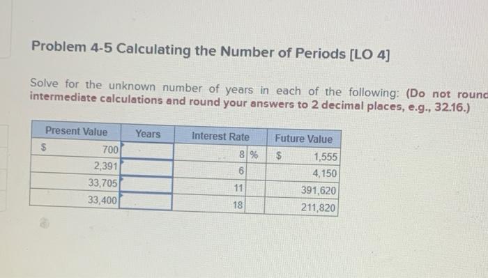 Solved Problem 4-5 Calculating the Number of Periods [LO 4] | Chegg.com