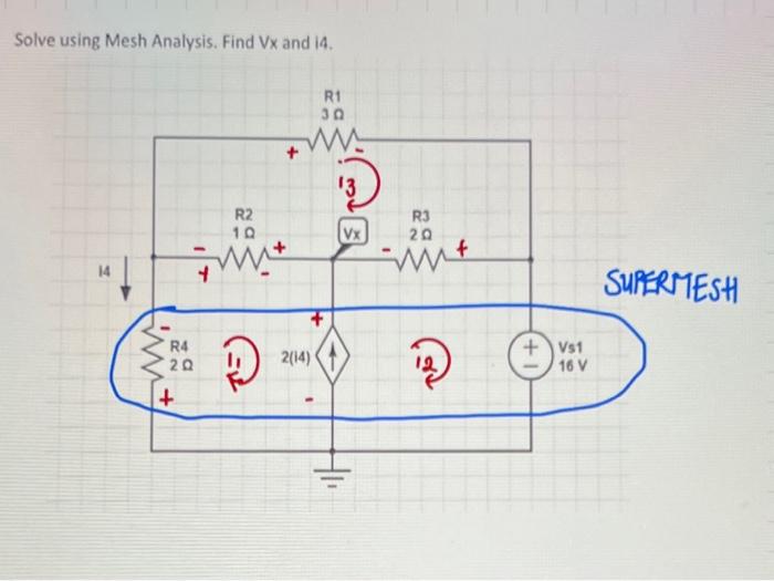 Solved Solve using Mesh Analysis. Find Vx and 14. R1 30 W 13 | Chegg.com