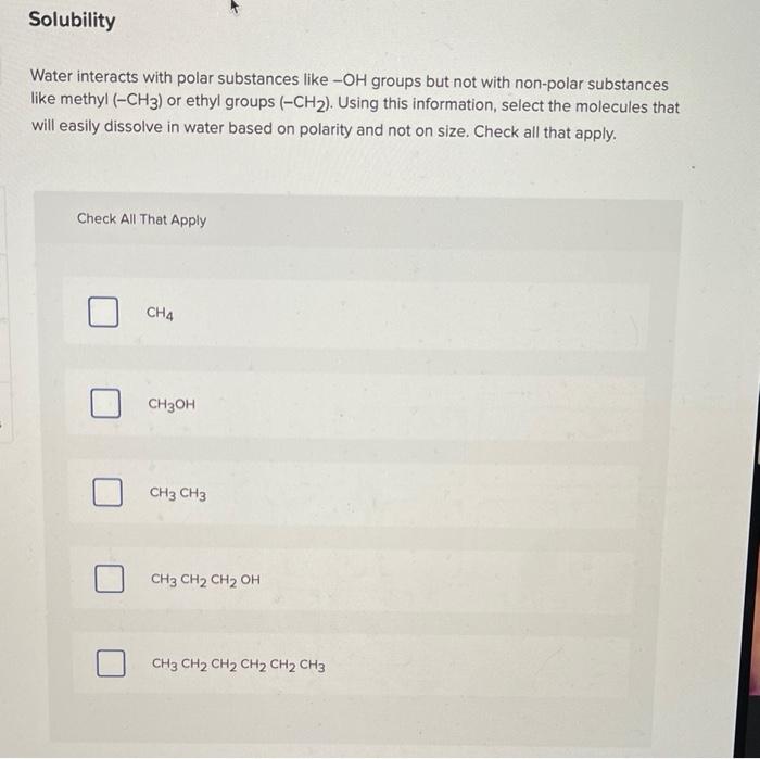 Solved Solubility Water interacts with polar substances like | Chegg.com