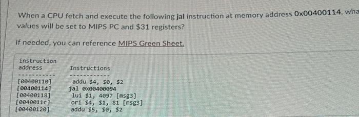 Solved When a CPU fetch and execute the following jal | Chegg.com