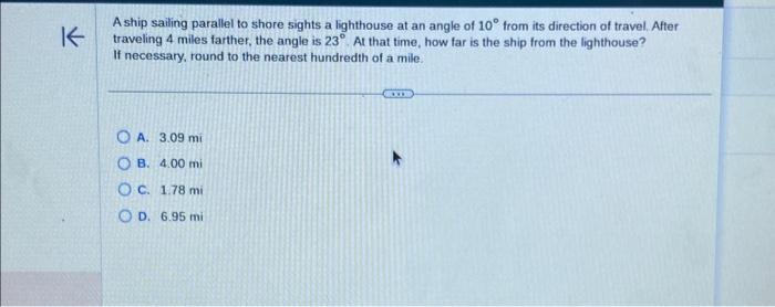 Solved A ship sailing parallel to shore sights a lighthouse | Chegg.com