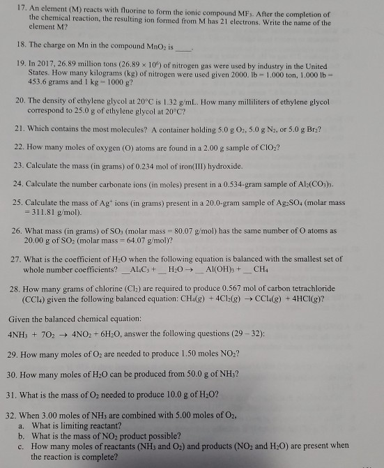 Solved 17. An element (M) reacts with fluorine to form the | Chegg.com
