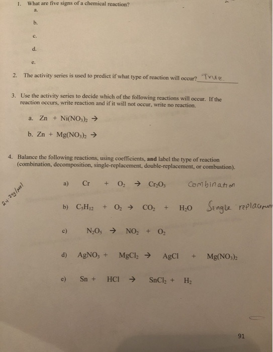 Solved What are five signs of a chemical reaction? 2. The | Chegg.com