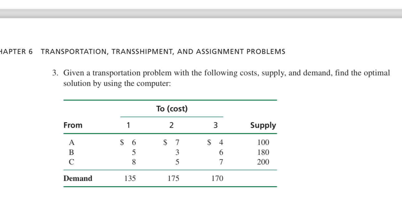 Solved HAPTER 6 ﻿TRANSPORTATION, TRANSSHIPMENT, AND | Chegg.com