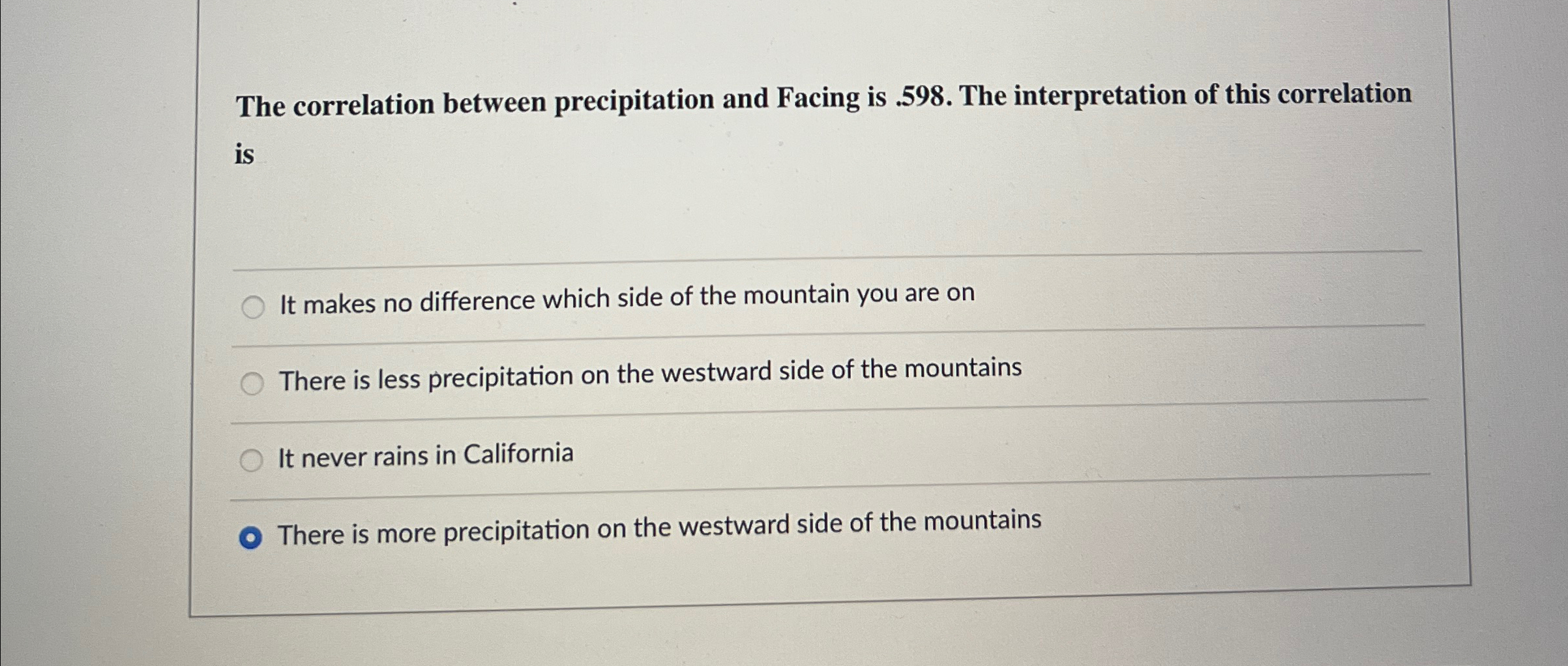Solved The correlation between precipitation and Facing is | Chegg.com