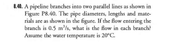 Solved 8.40. A pipeline branches into two parallel lines as | Chegg.com