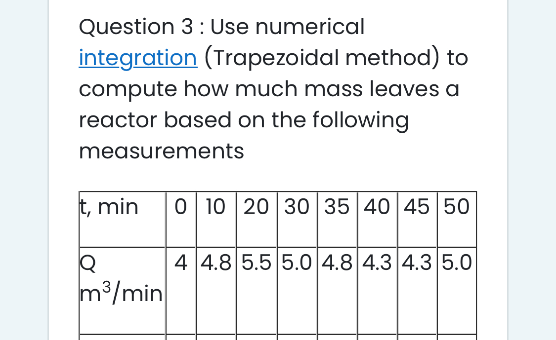 Solved Question 3 ﻿: Use numerical integration (Trapezoidal | Chegg.com