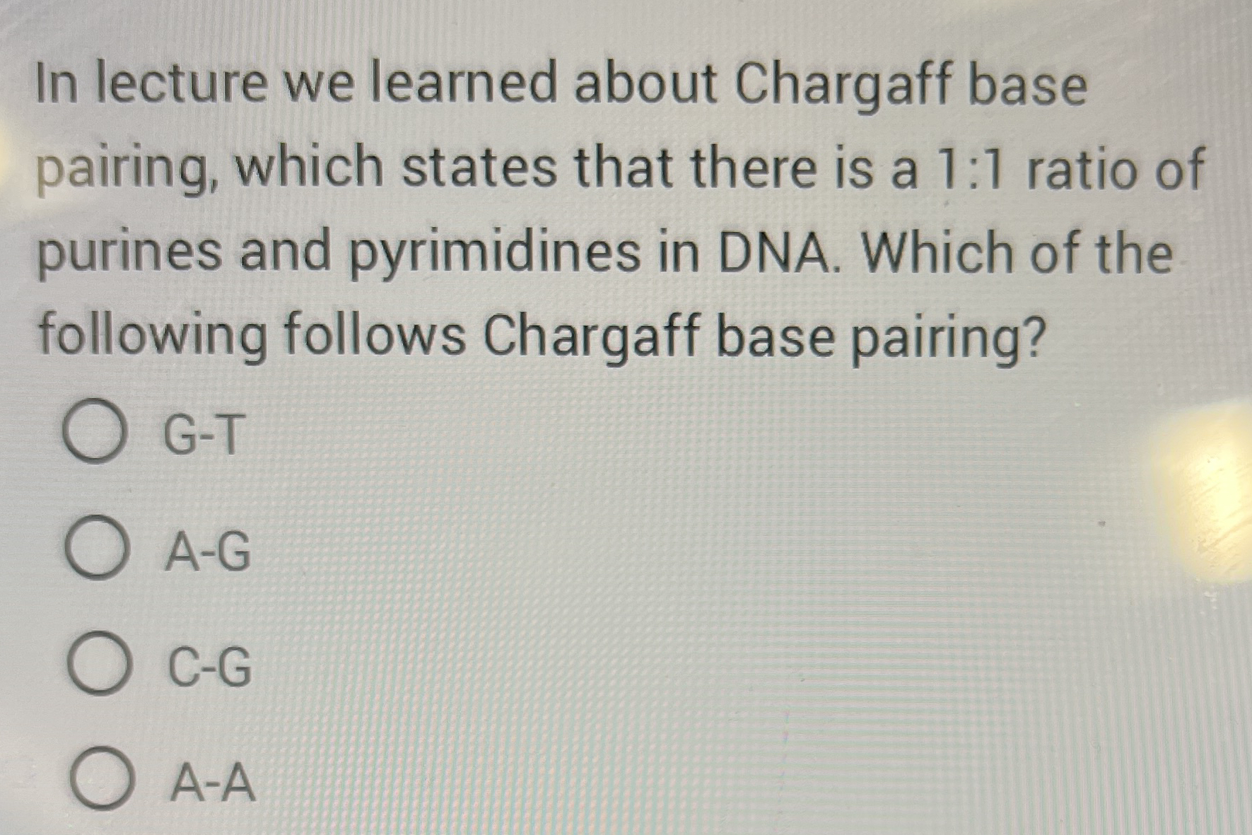 In lecture we learned about Chargaff base pairing, | Chegg.com