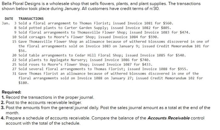 Solved Bella Floral Designs is a wholesale shop that sells | Chegg.com