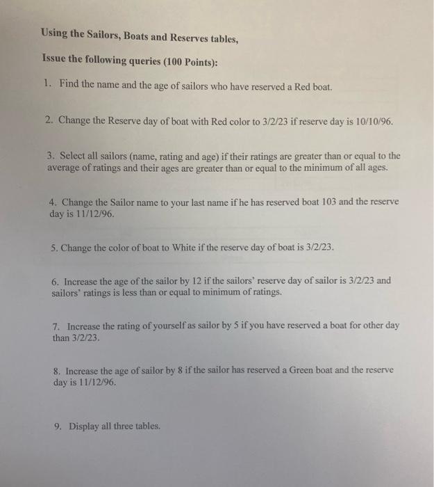 Solved Create The Following Tables Sailors Reserves And