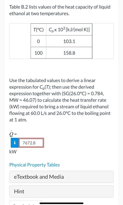 Solved Table B.2 lists values of the heat capacity of liquid | Chegg.com