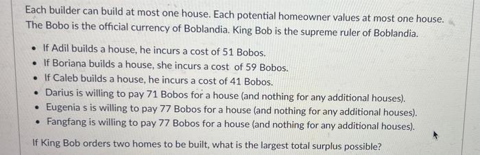 Solved Each builder can build at most one house. Each | Chegg.com