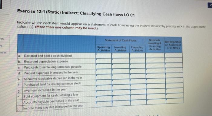 Solved C Exercise 12-1 (Static) Indirect: Classifying Cash | Chegg.com Solved C Exercise 12-1 (Static) Indirect: Classifying Cash | Chegg.com