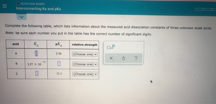 Solved O ACIDS AND BASES Interconverting Ka and pka Complete | Chegg.com
