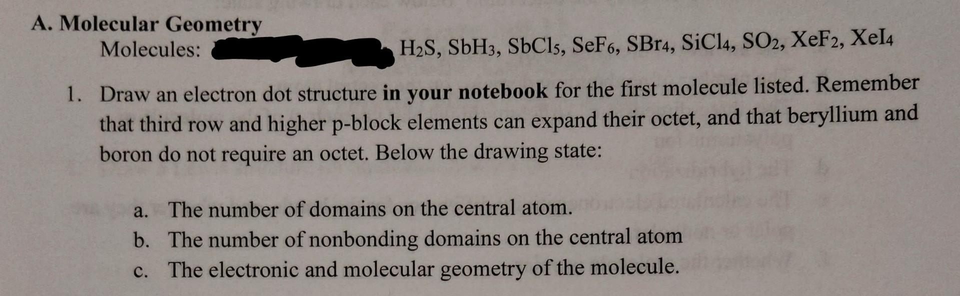 Solved A. Molecular Geometry Molecules: H2S, SbH3, SbCls, | Chegg.com