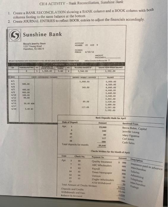 Solved CH 8 ACTIVITY - Bank Reconciliation, Sunshine Bank 1. | Chegg.com