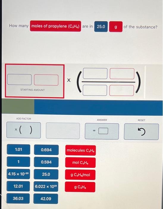 Solved How many moles of propylene (CH) are in 25.0 g of the | Chegg.com