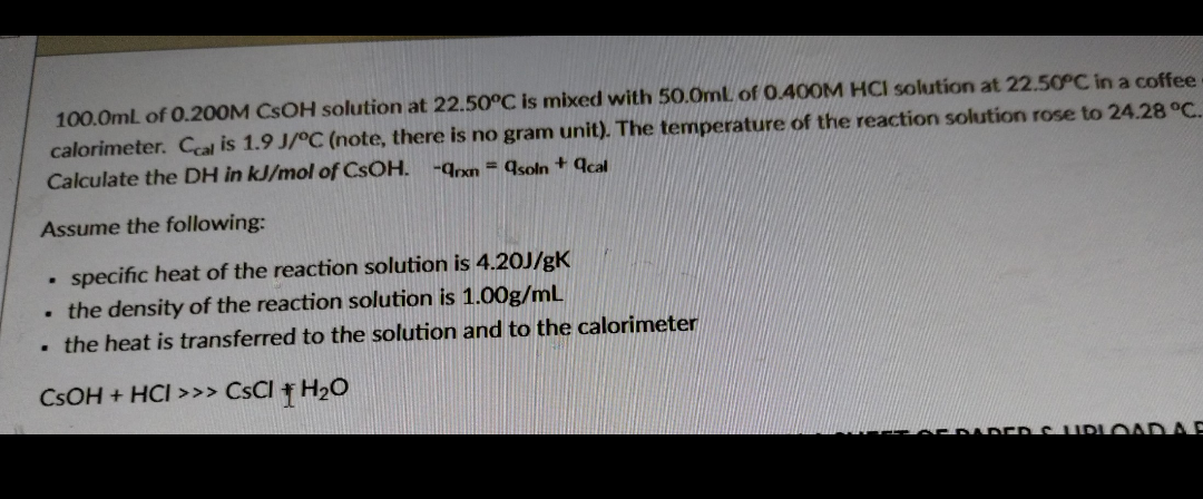 Solved 100.0 mL of 0.200MCsOH solution at 22.50∘C is mixed | Chegg.com