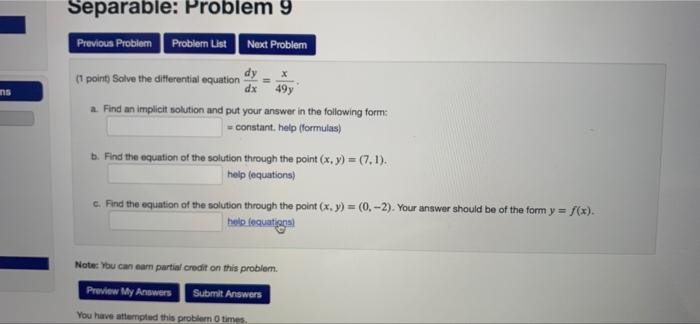 Solved Separable: Problem 9 Previous Problem Probler List | Chegg.com