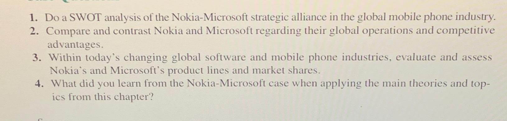 Solved Do a SWOT analysis of the Nokia-Microsoft strategic | Chegg.com