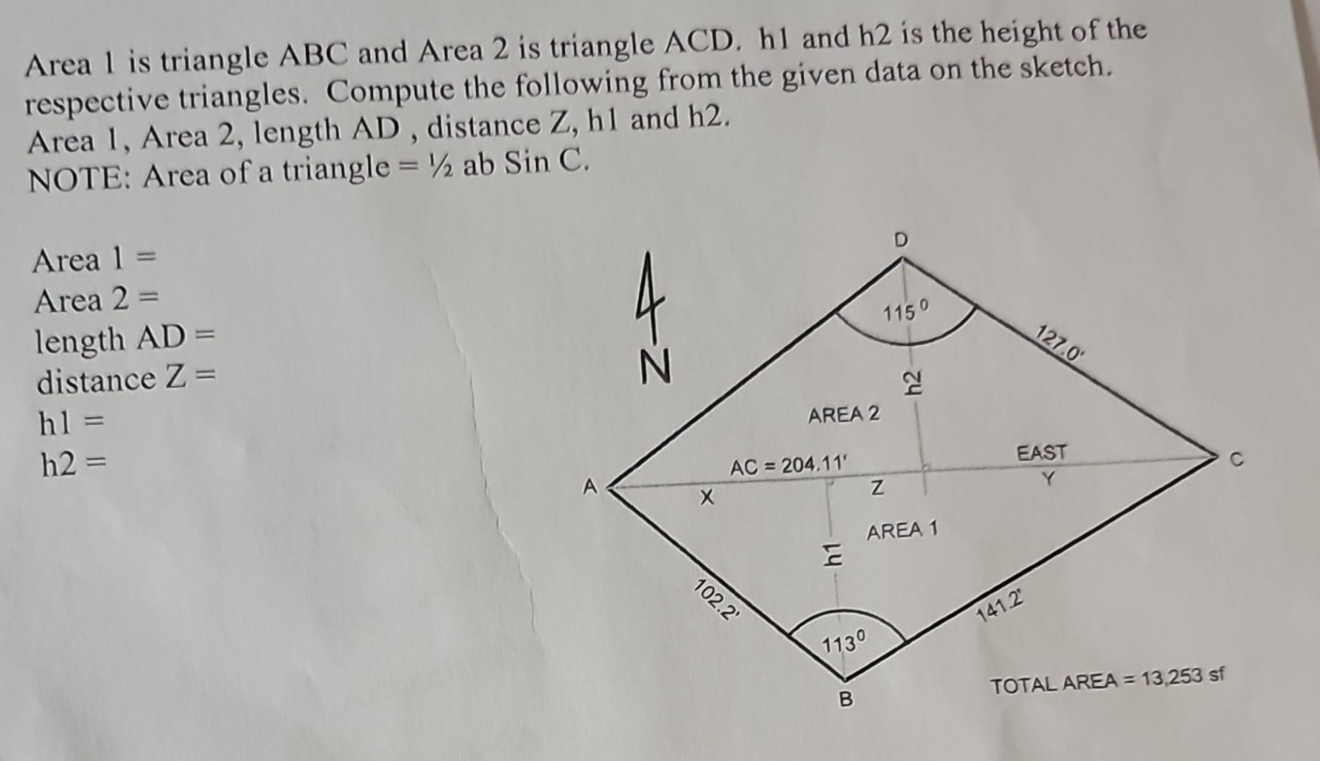 Solved Area 1 is triangle ABC and Area 2 is triangle ACD,h1 | Chegg.com