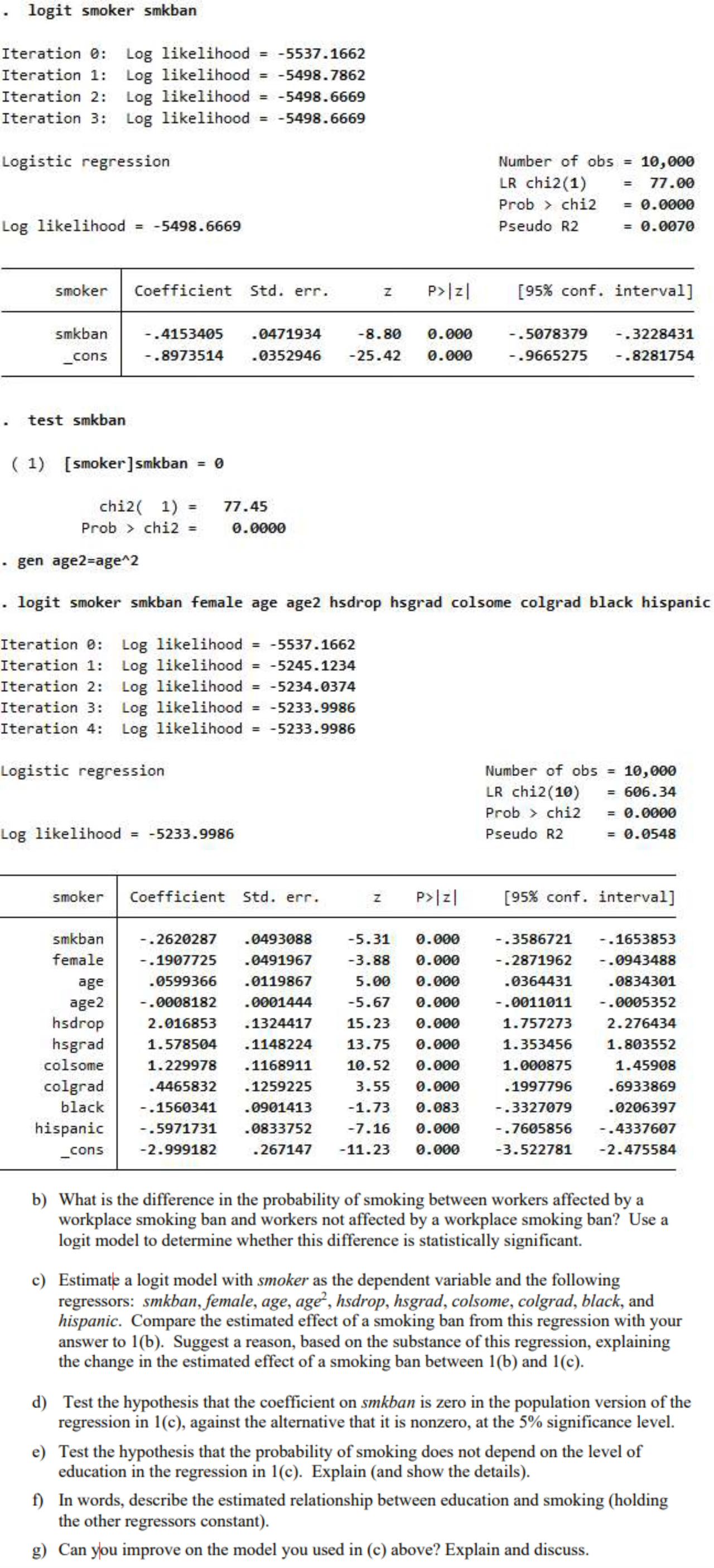 Solved logit smoker smkbanLog likelihood =-5498.6669Pseudo | Chegg.com