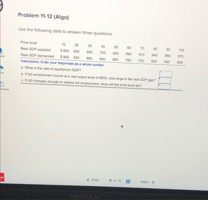 Solved Problem 11-12 (Algo) Use the following data to answer | Chegg.com
