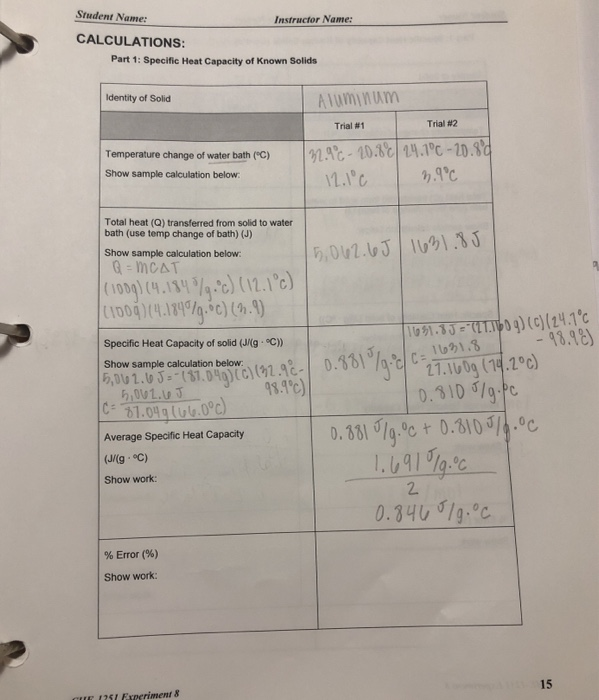 Solved Student Name: Instructor Name: CALCULATIONS: Part 1: | Chegg.com
