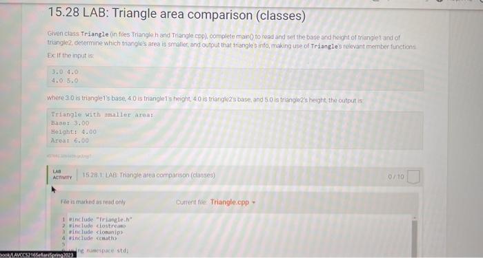 Solved 15.28 LAB: Triangle area comparison (classes) Given | Chegg.com