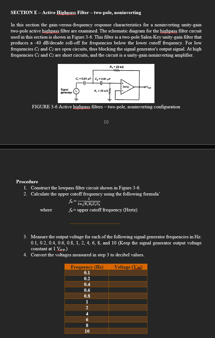 SECTION E - ﻿Active Highpass Filter - ﻿two-pole, | Chegg.com