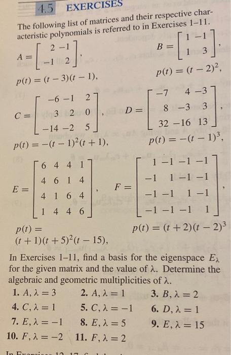 Solved 4.5 EXERCISES The following list of matrices and | Chegg.com