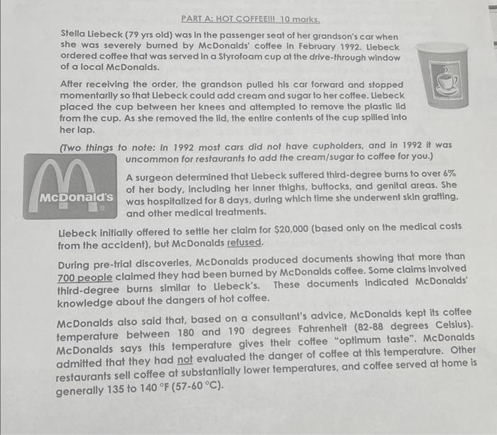 Solved PART A: HOT COFFEEIIl 10 marks. Stella Liebeck ( 79 | Chegg.com
