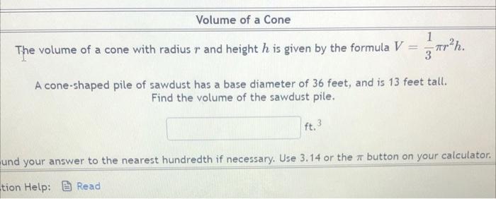Solved Volume of a Cone The volume of a cone with radius r | Chegg.com
