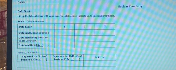 Data Sheet: Fill up the tables below with your | Chegg.com