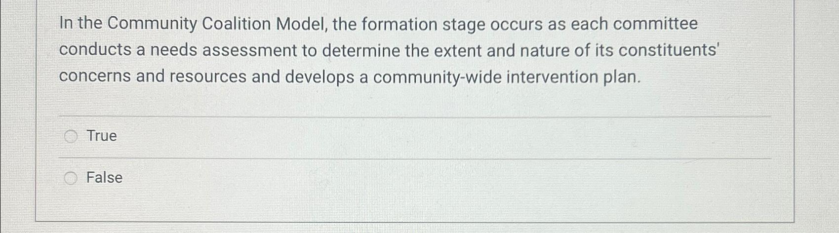Solved In the Community Coalition Model, the formation stage | Chegg.com