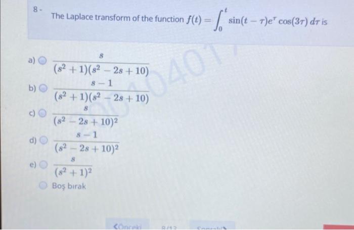 Solved The Laplace transform of the function f(t) = sin(t - | Chegg.com