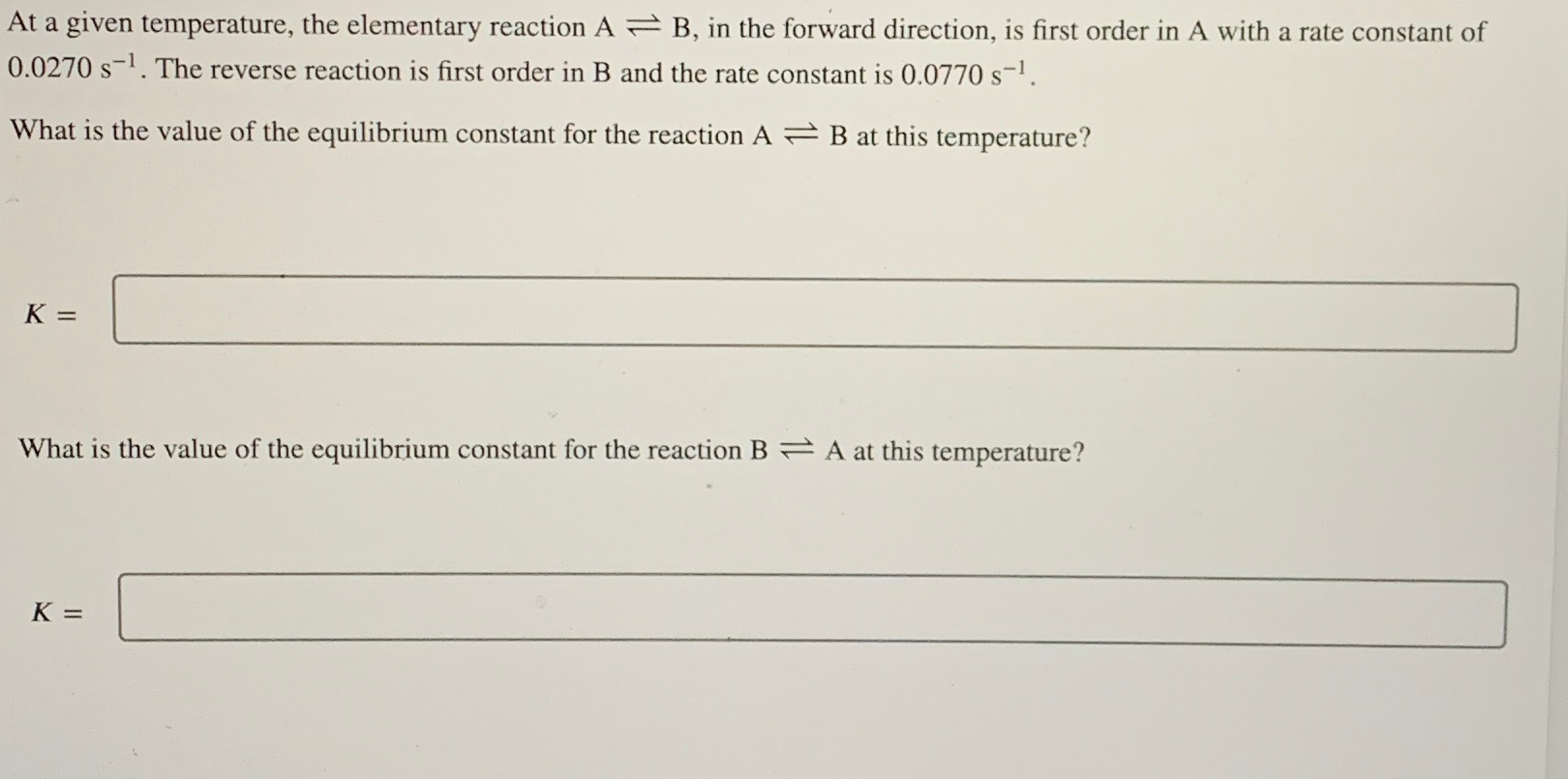 Solved At a given temperature, the elementary reaction A⇌B, | Chegg.com