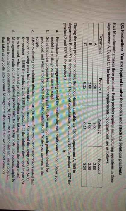 Solved Q2. Production: You are required to solve the models | Chegg.com