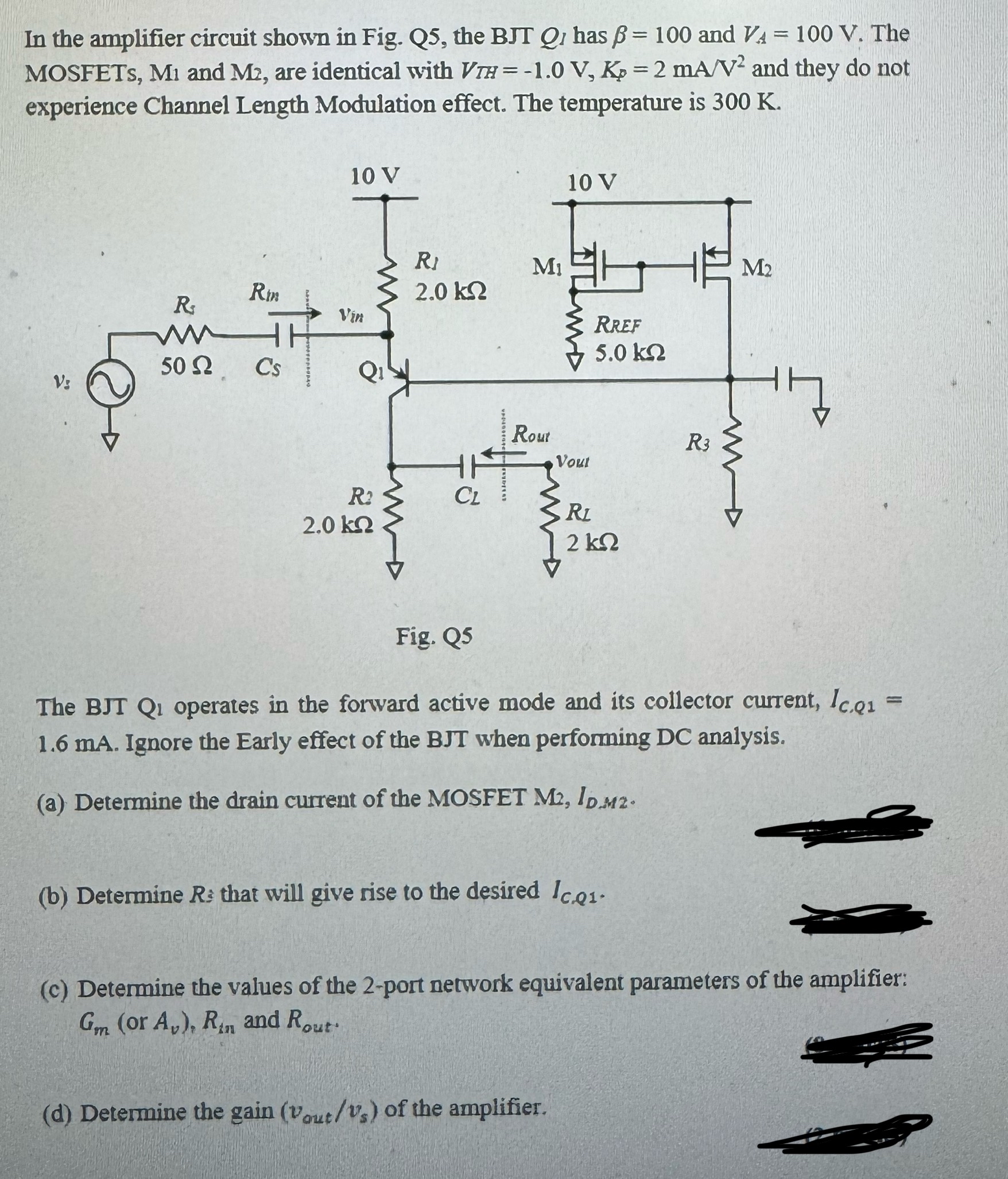 Solved In the amplifier circuit shown in Fig. Q5, ﻿the BJT | Chegg.com